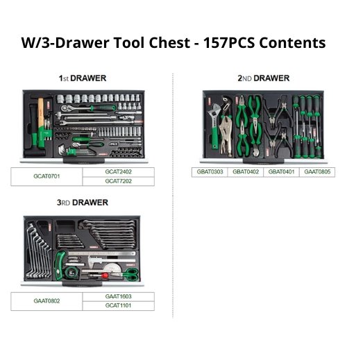 W/3-Drawer Tool Chest – 157PCS Mechanical Tool Set (GENERAL SERIES ...